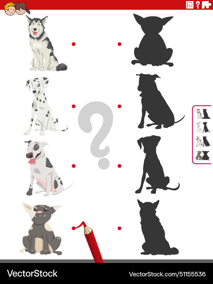 Educational shadow game with cartoon purebred dogs