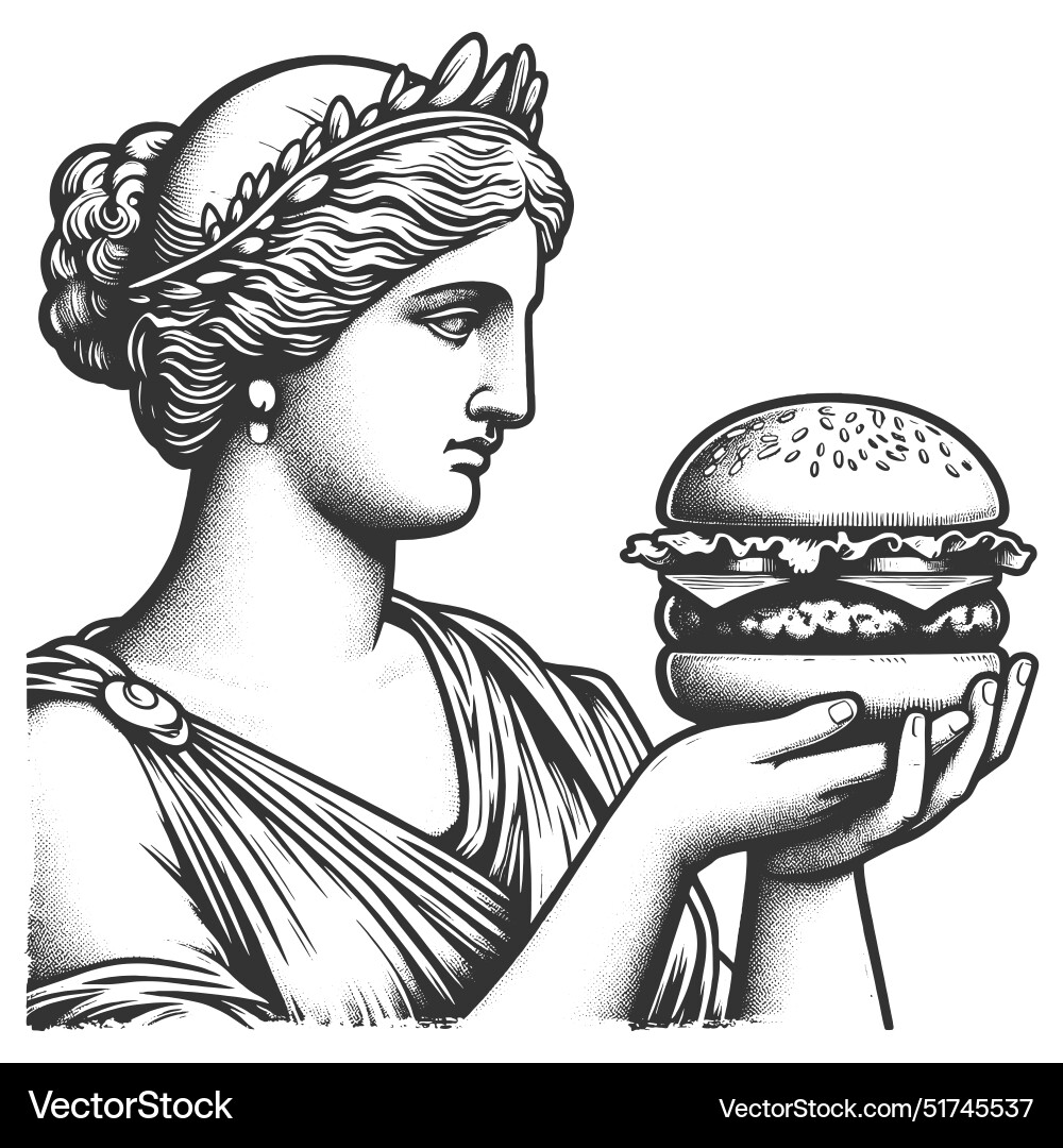 Classical statue with burger engraving Royalty Free Vector