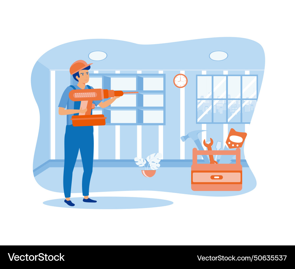 Contractor worker doing indoor window maintenance Vector Image