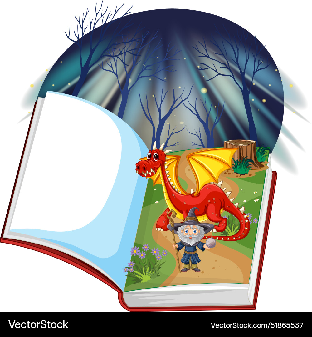 Open book revealing a dragon and wizard Royalty Free Vector