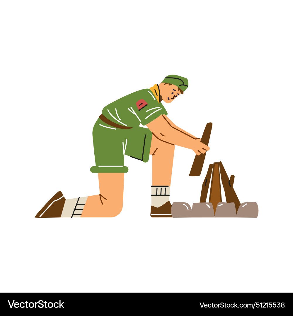 Boy wear scout uniform puts brushwood branches Vector Image