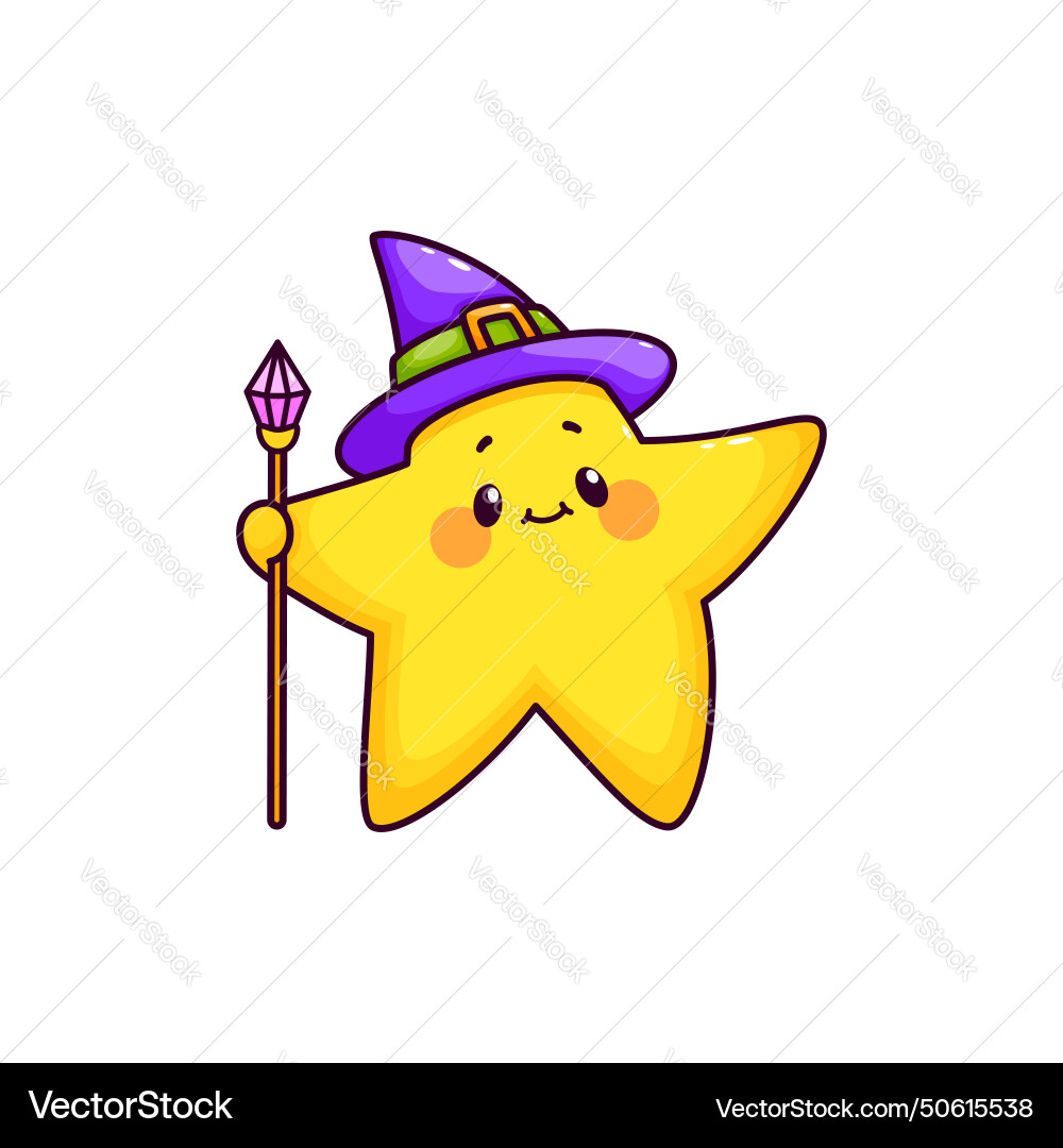 Cartoon kawaii star wizard with magic hat and cane