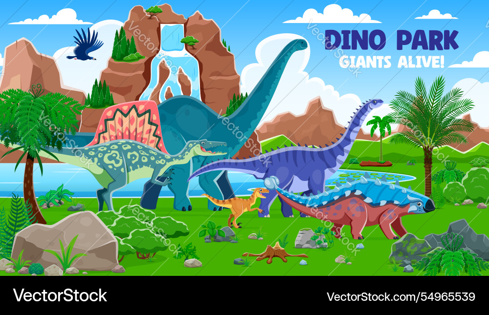 Dino park landscape with prehistoric dinosaurs Vector Image