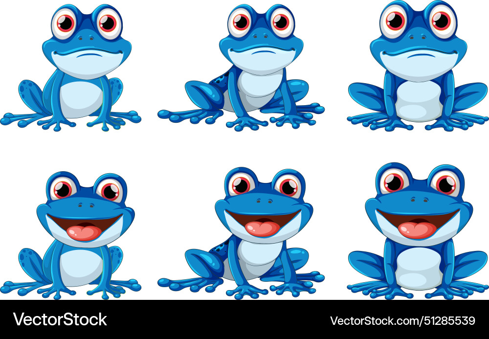 Six playful cartoon frogs showing different Vector Image