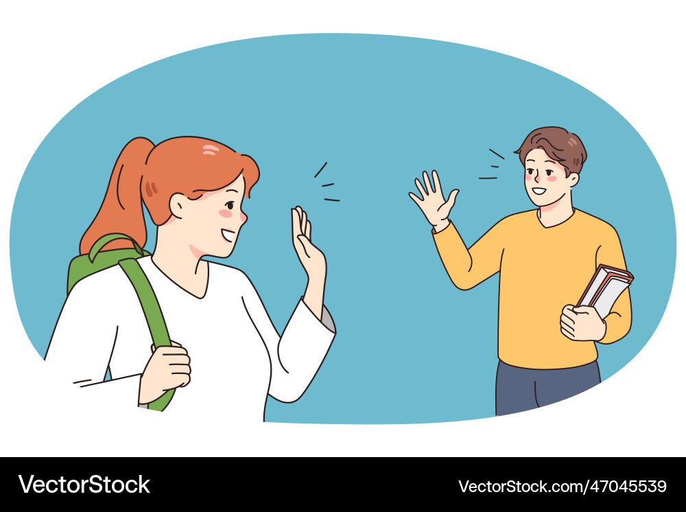 Smiling diverse employees wave saying goodbye Vector Image