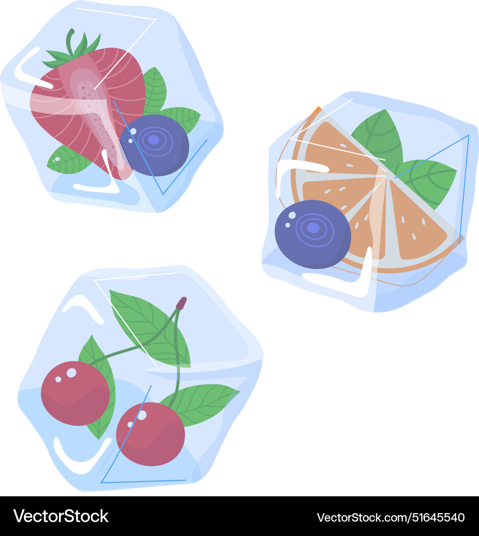 Three ice cubes containing different fruit Vector Image
