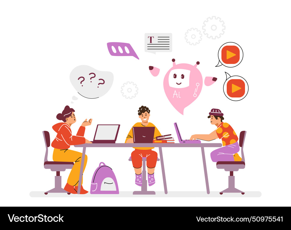 Cute children doing homework with pink assistant Vector Image
