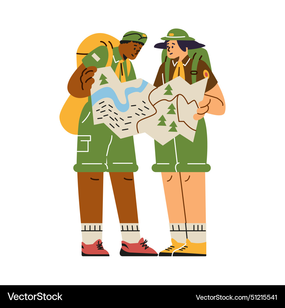 Scout travelers look at the map isolated flat Vector Image