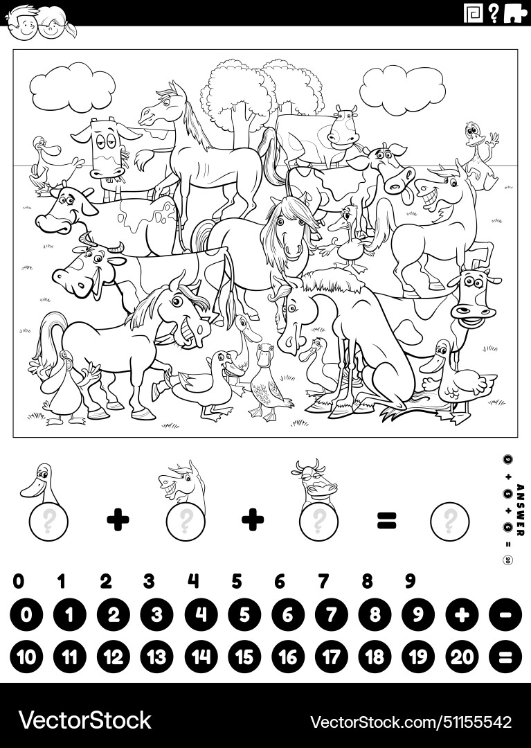 Counting and adding activity with farm animals Vector Image