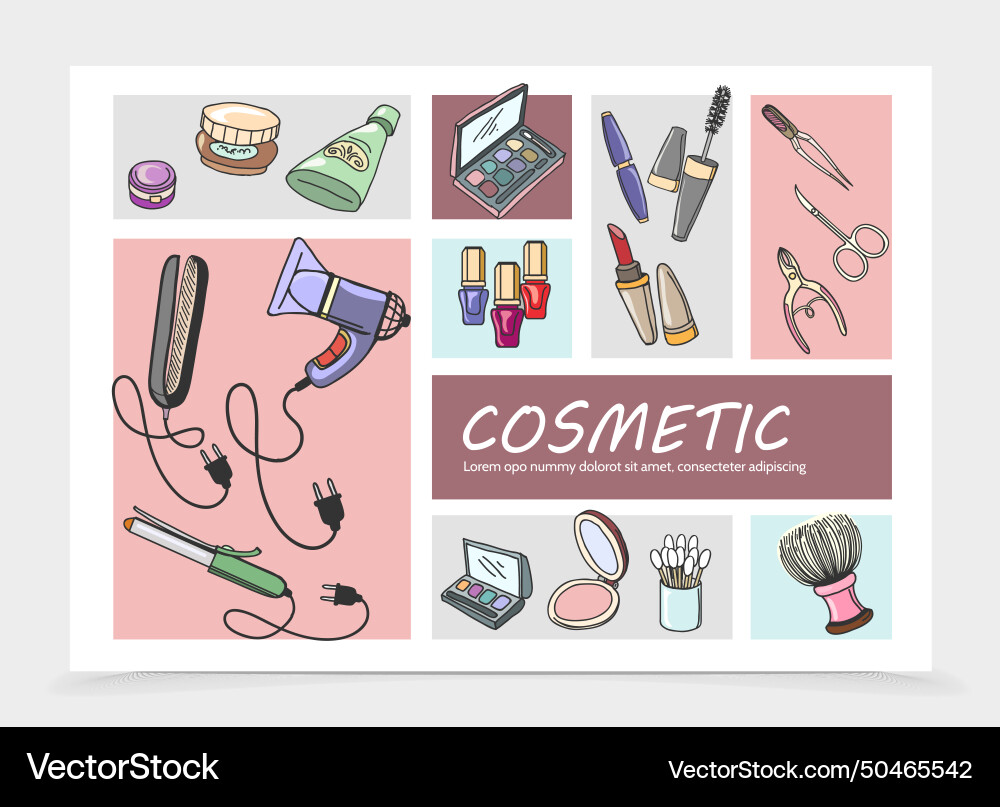 Hand drawn cosmetic elements composition Vector Image