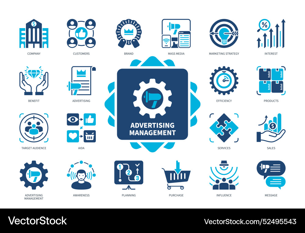 Advertising management solid icon set Royalty Free Vector