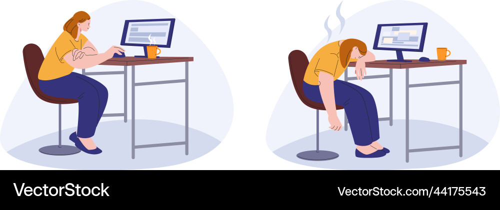 Burnout office worker active and tired Royalty Free Vector