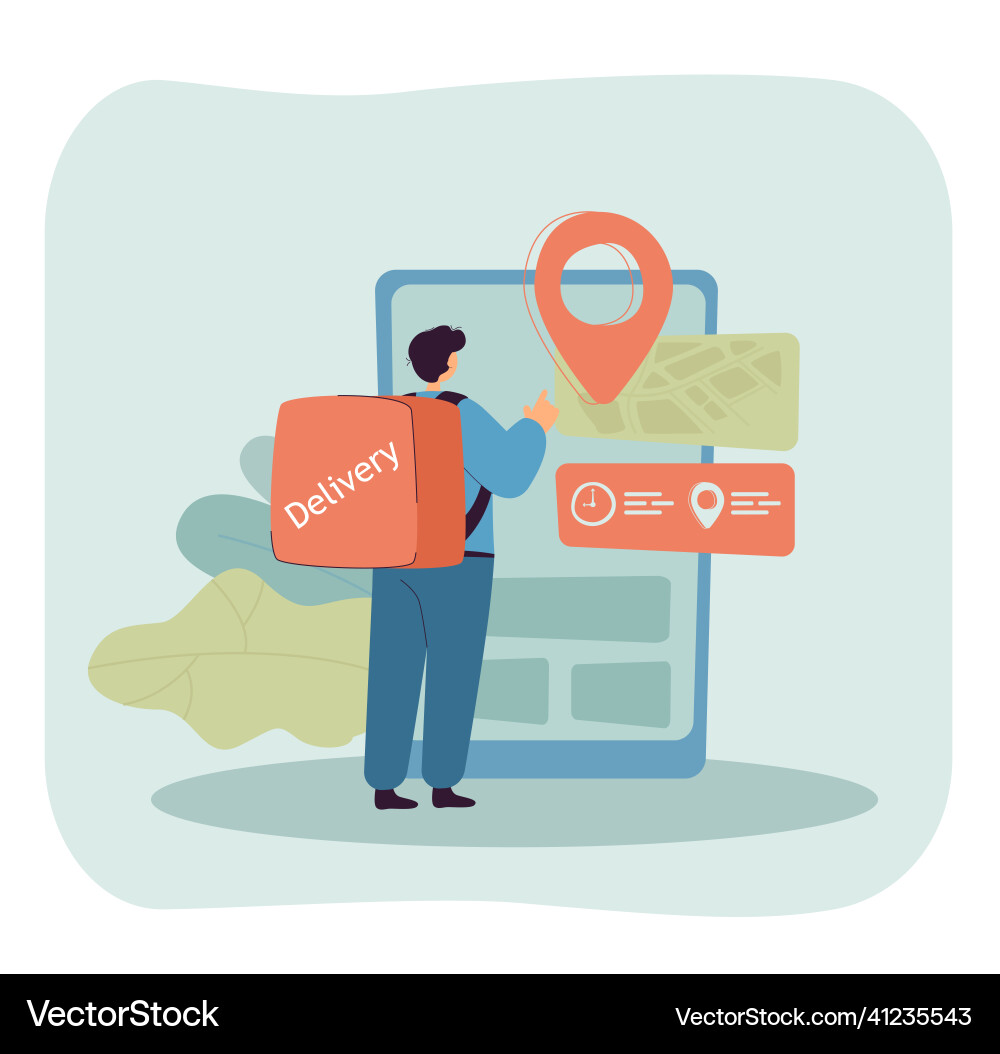 Cartoon courier checking location through huge Vector Image