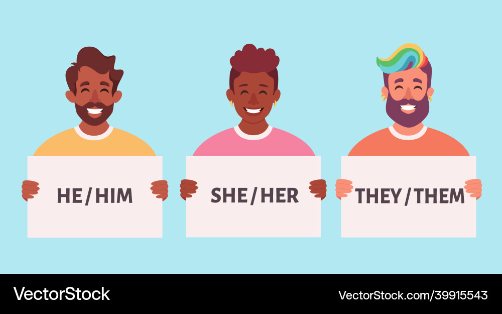 People holding sign with gender pronouns she he Vector Image