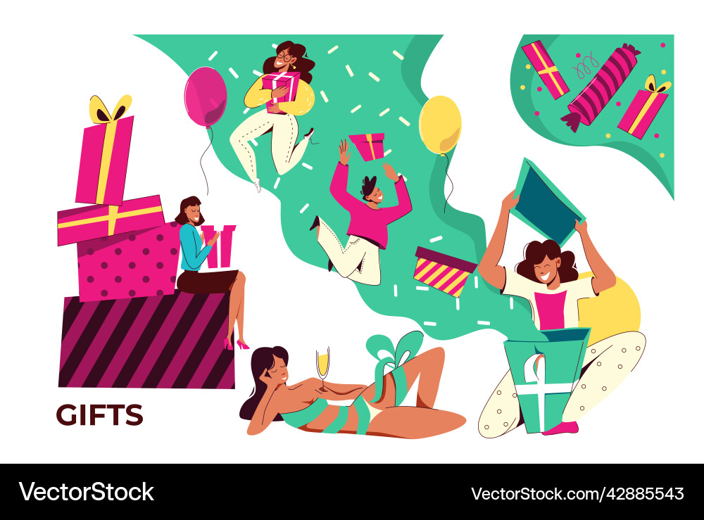 Receiving gifts flat composition Royalty Free Vector Image
