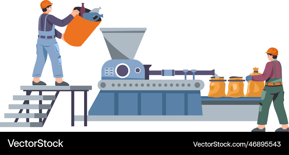 Recycling facility workers loading machine Vector Image