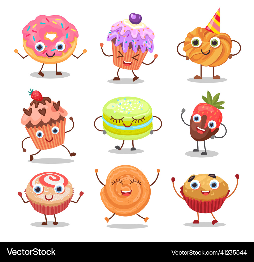 Cartoon cute dessert characters set Royalty Free Vector