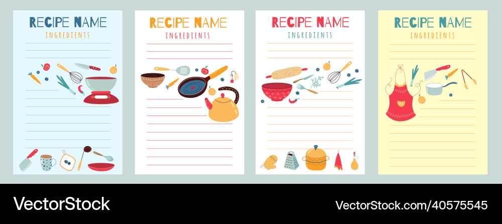 Culinary recipe cards cookbook pages with kitchen Vector Image