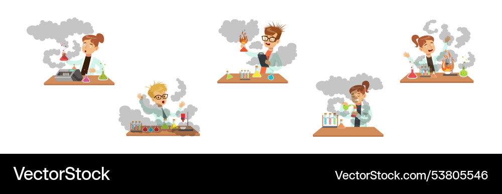 Boy and girl scientist kid character at table fail