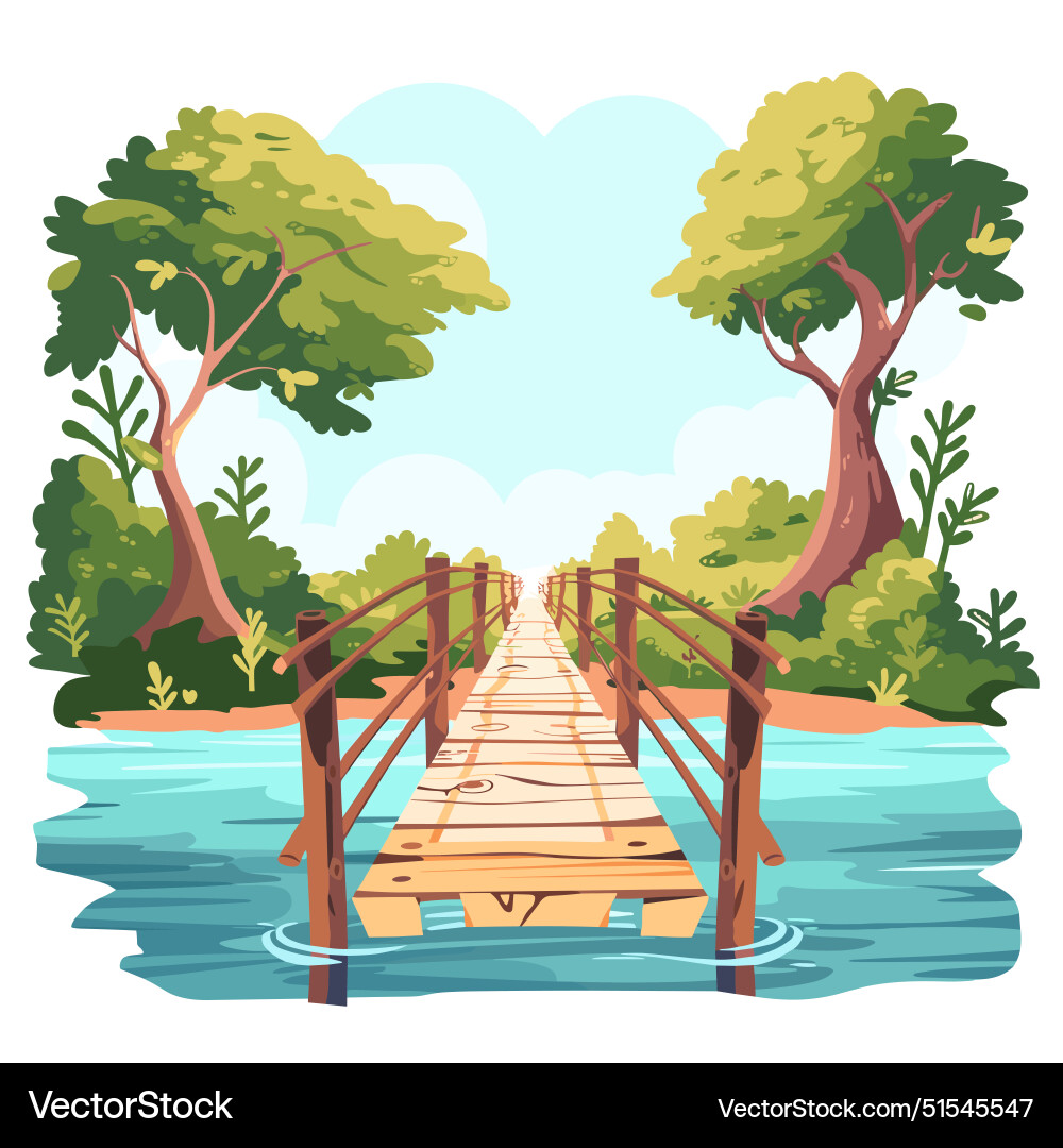 Wooden bridge over river leading into lush Vector Image