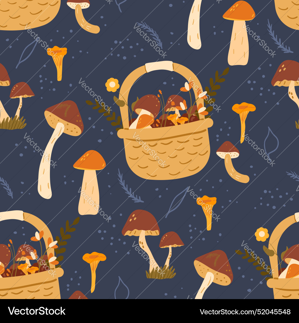 Picking mushrooms seamless pattern basket Vector Image