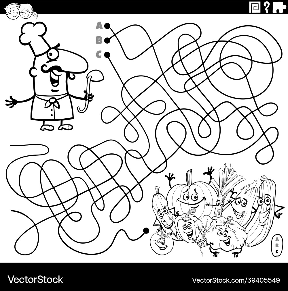 Maze with chef and vegetables coloring book page Vector Image