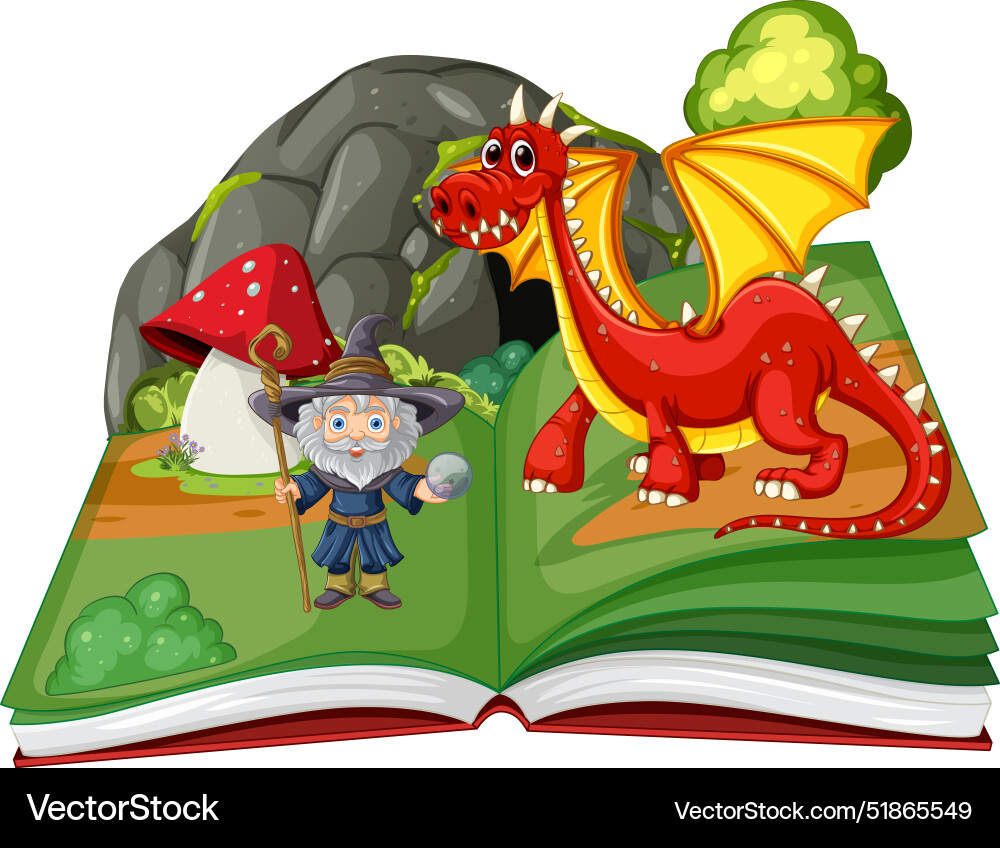 Wizard and dragon emerge from storybook Royalty Free Vector