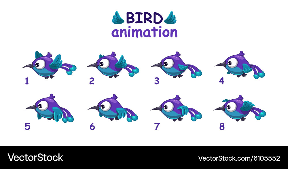 Funny blue cartoon bird flying sprites Royalty Free Vector