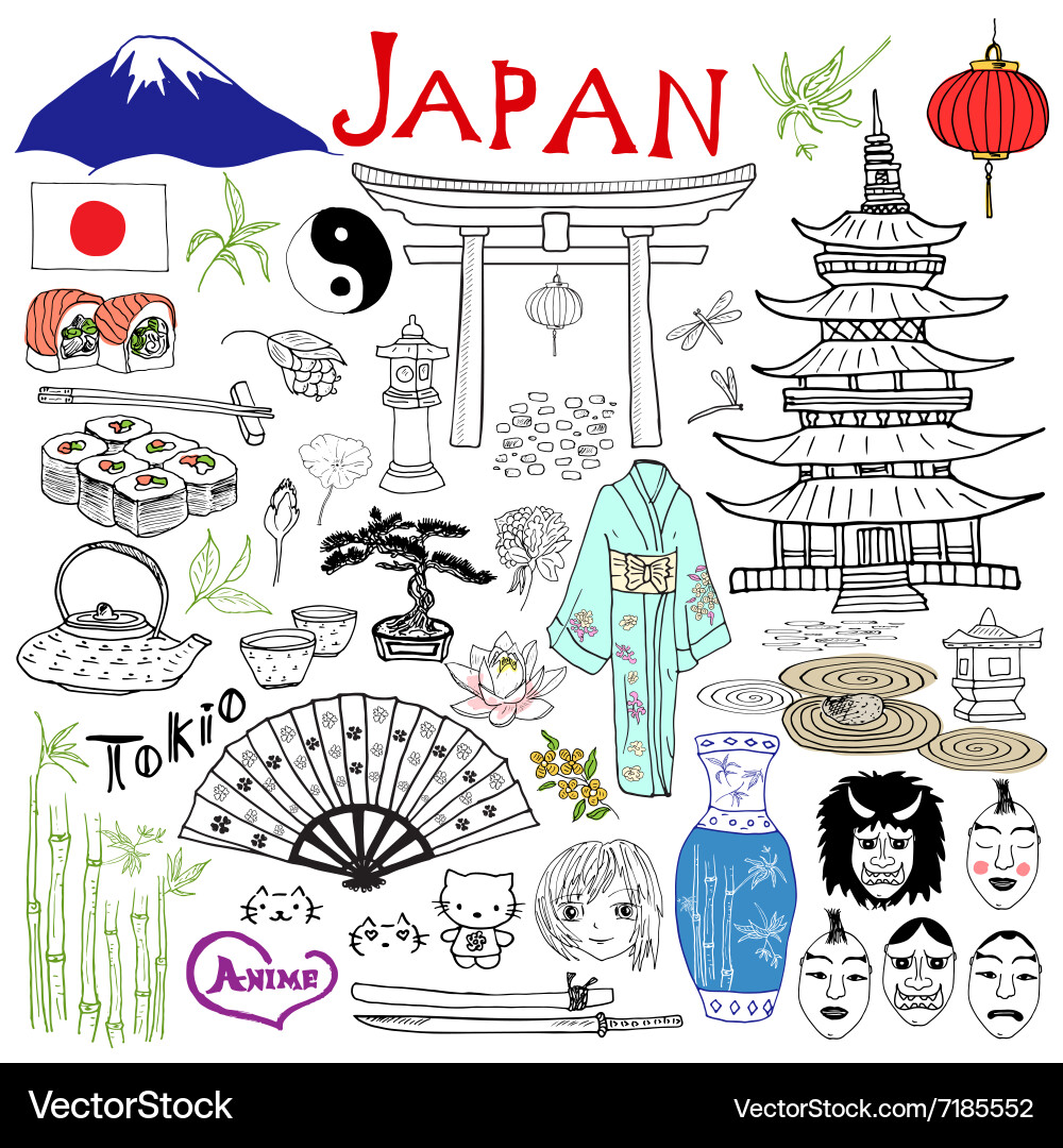 Japan doodles elements hand drawn set Royalty Free Vector