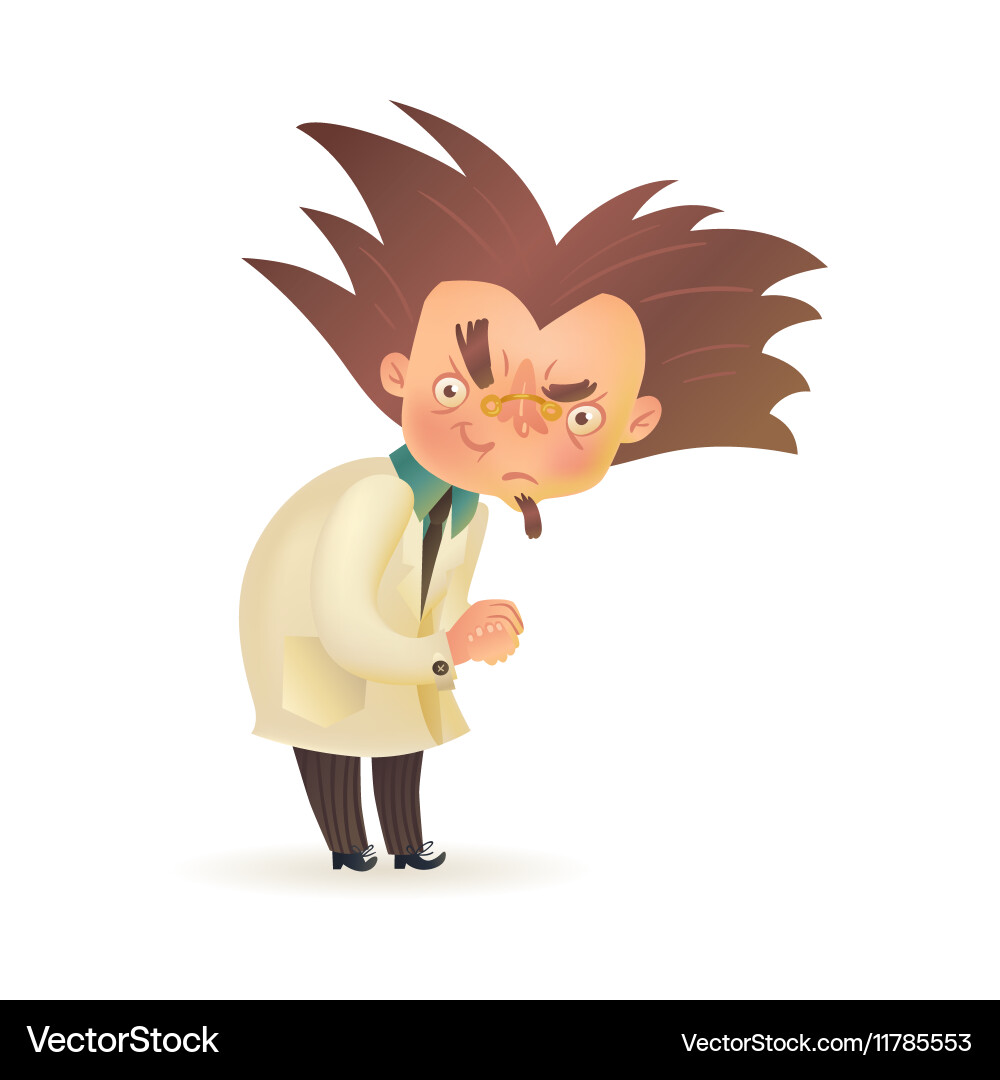 Evil mad professor with raised eyebrow in lab coat