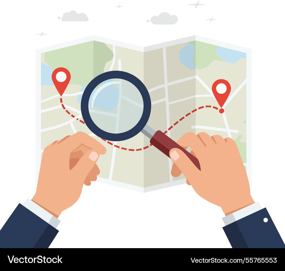 Hände die eine Karte mit Lupe halten Lizenzfreier Vektor