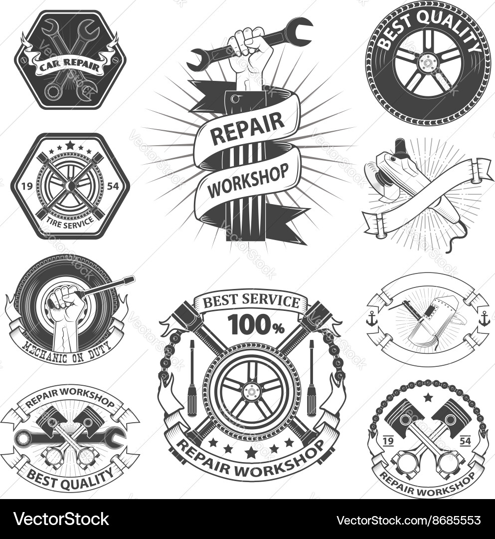 Repaire workshop labels set Royalty Free Vector Image