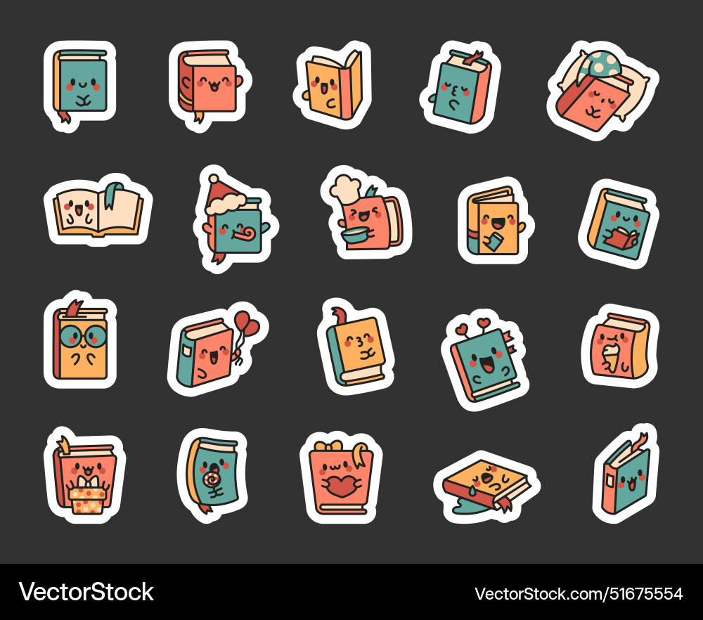 Funny books cute faces sticker bookmark adorable Vector Image