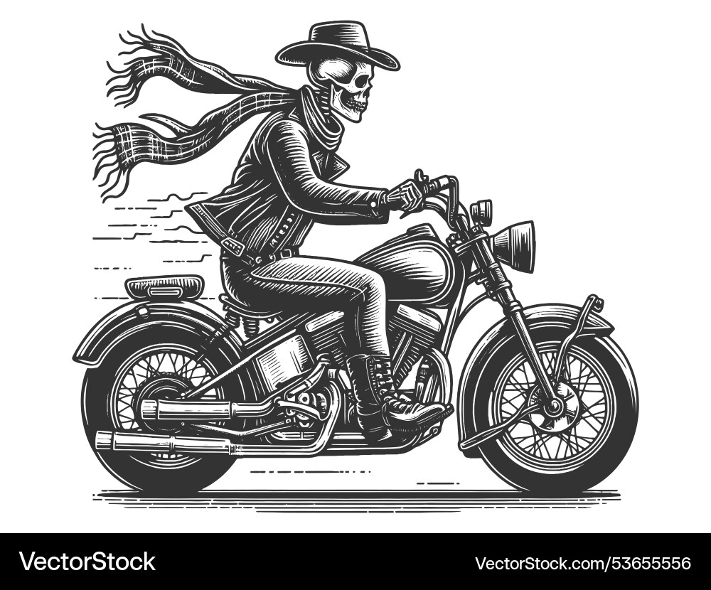 Skeleton biker riding motorcycle engraving Vector Image