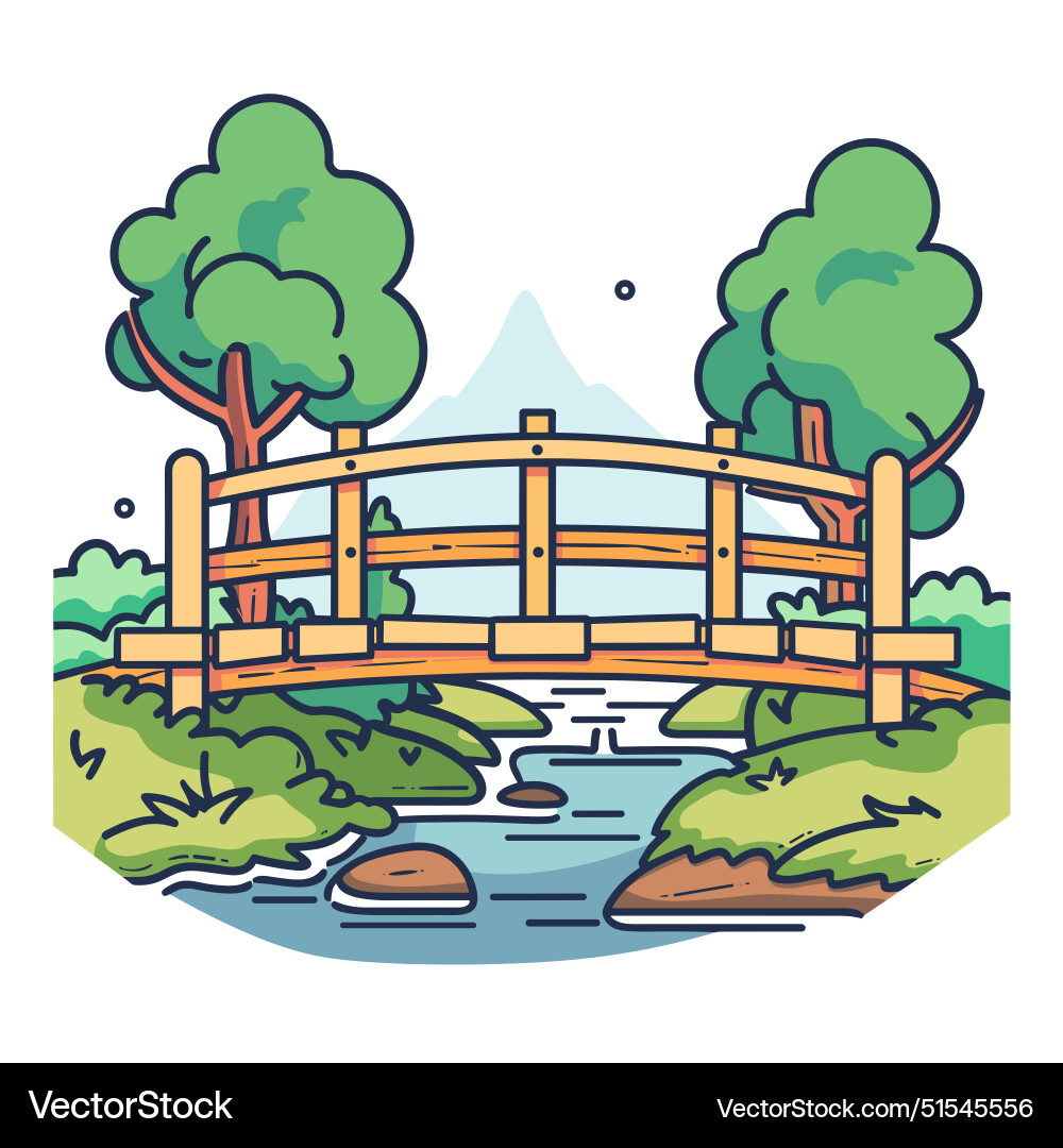 Wooden bridge over stream mountain background Vector Image