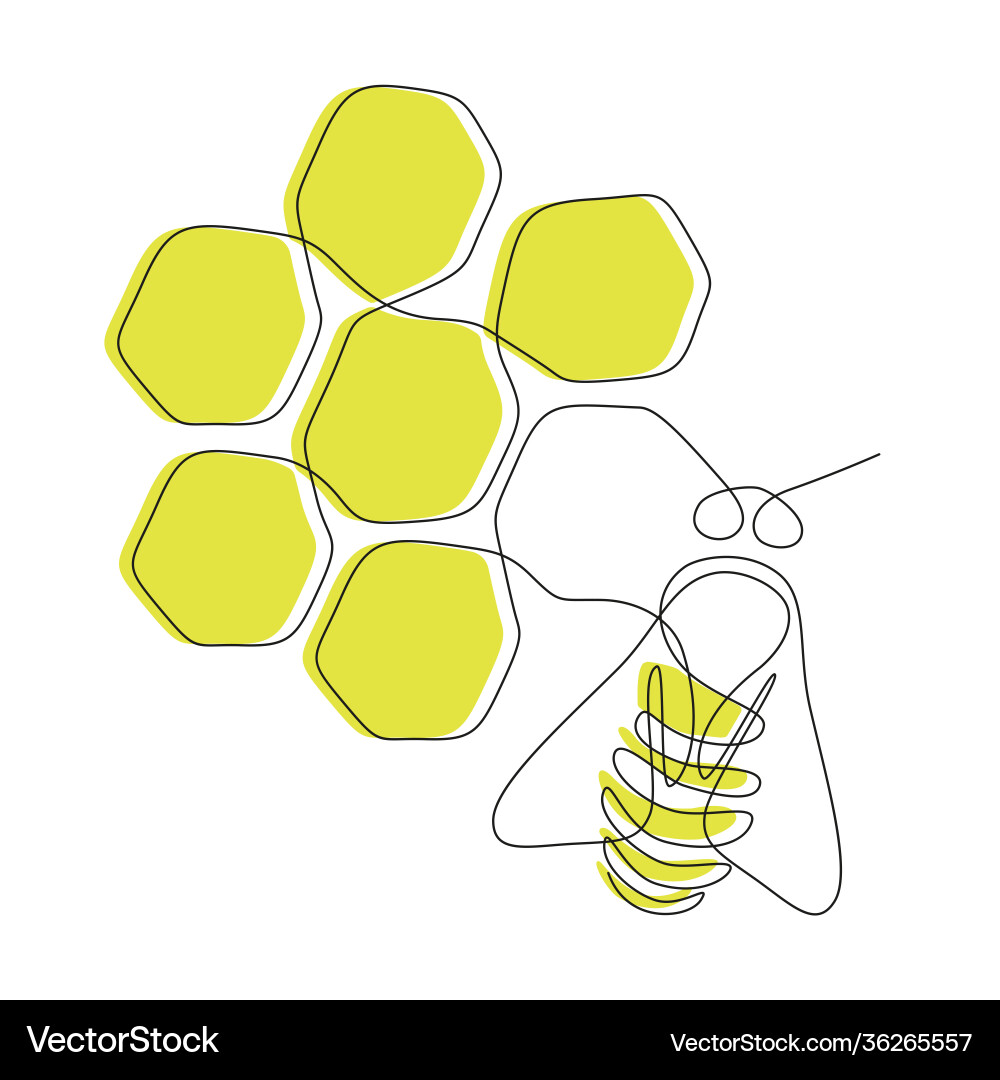Continuous one line drawing bee with honeycomb Vector Image