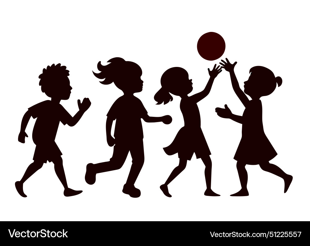 Vier Kinder spielen Ball Silhouette Lizenzfreier Vektor