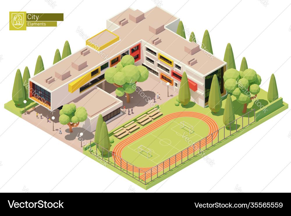Isometric School Building with Yard Royalty Free Vector
