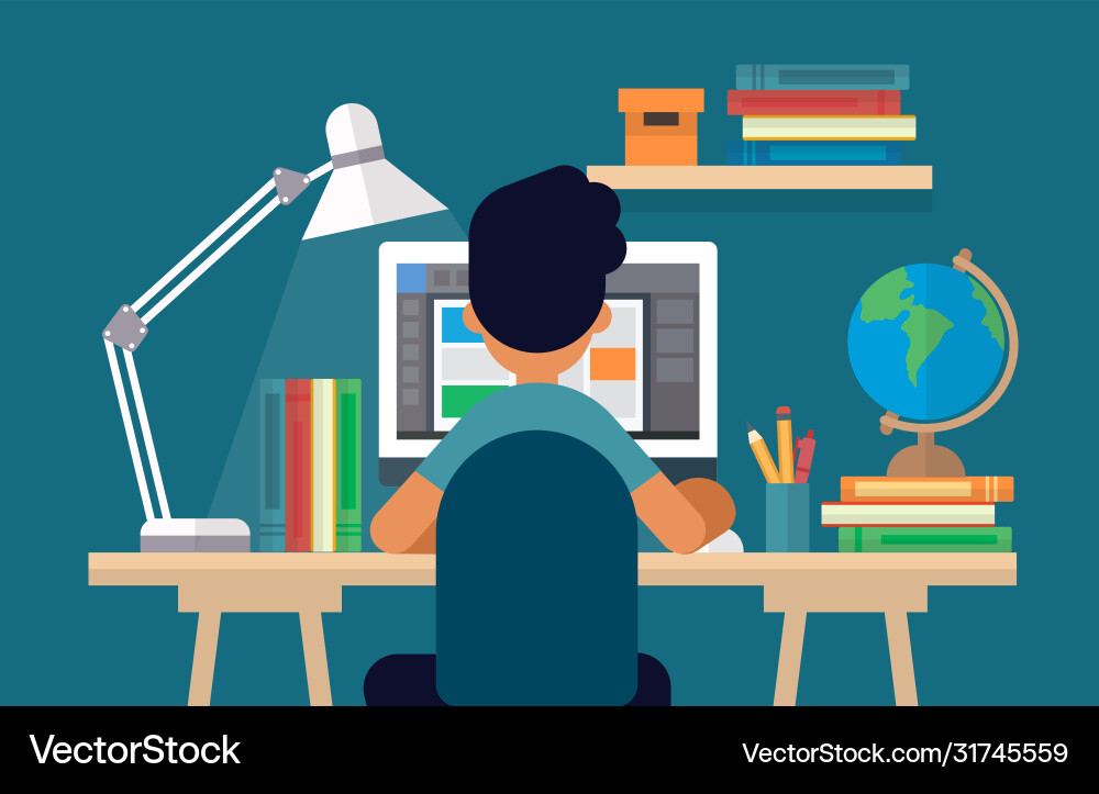 Student sitting at desk learning Royalty Free Vector Image