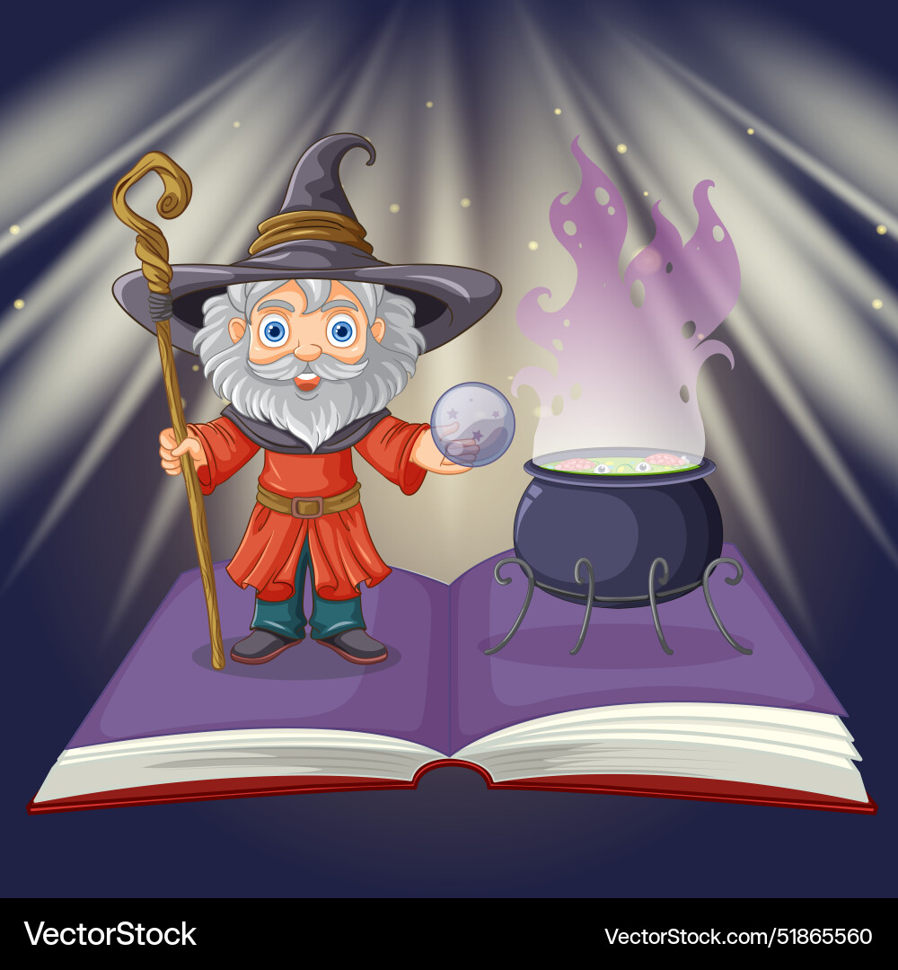Wizard with staff and cauldron on open book Vector Image