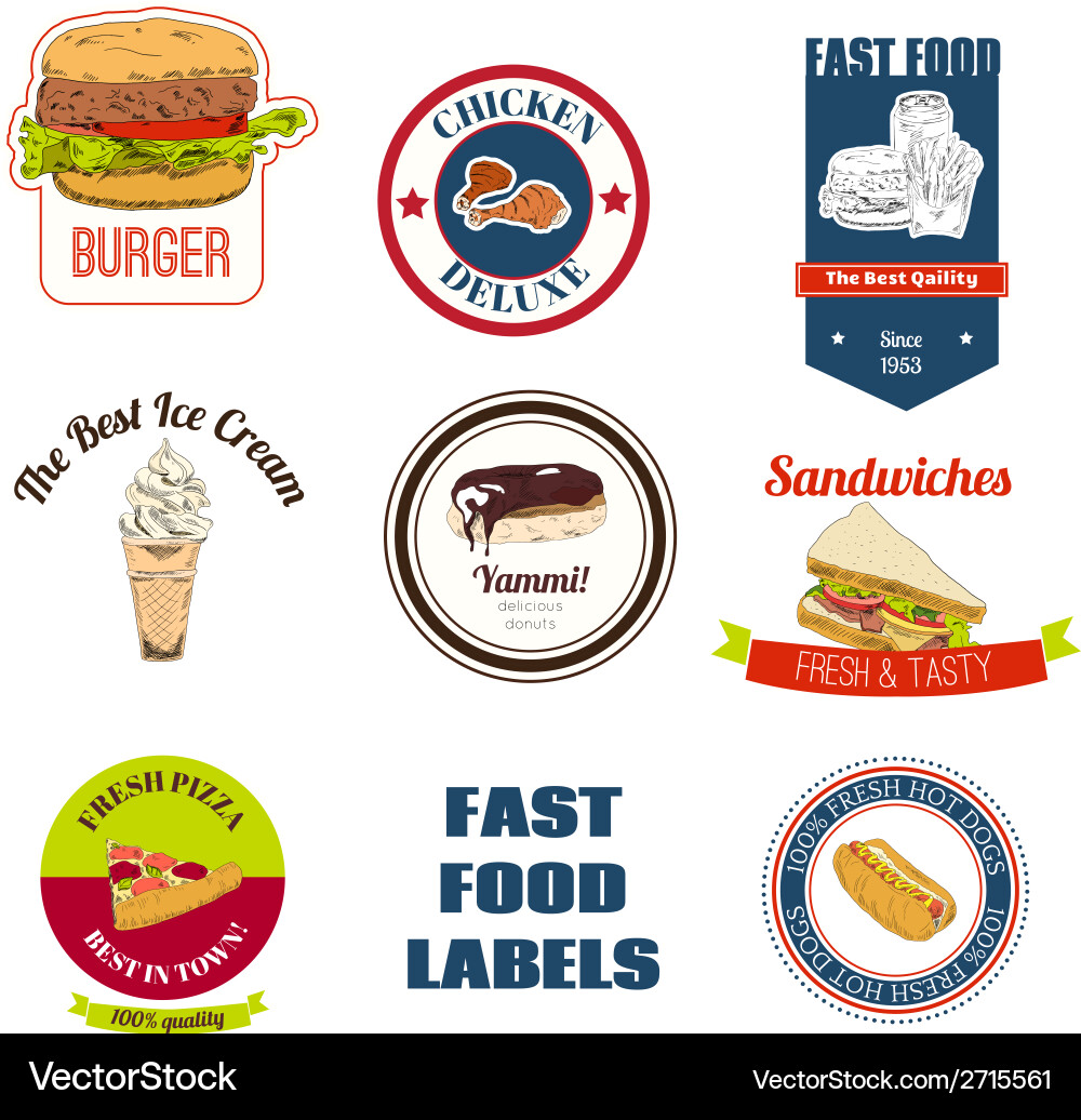 Fast food labels set Royalty Free Vector Image