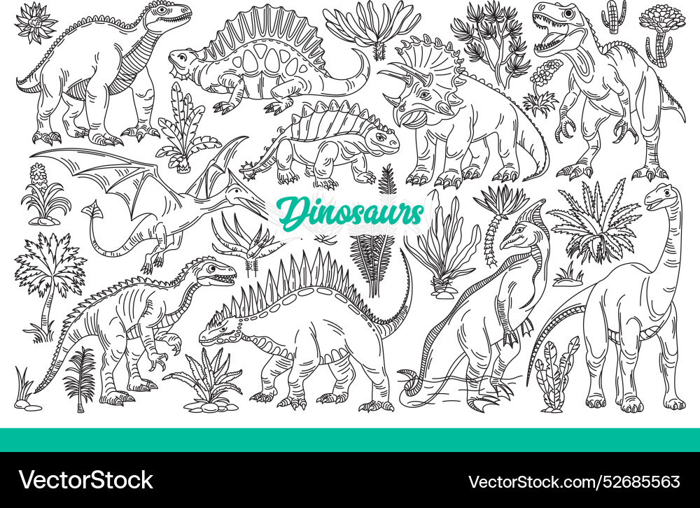 Dinosaurs walk or fly in sky displaying large Vector Image