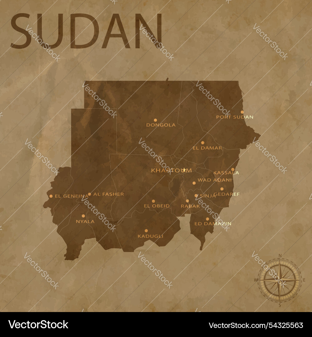 Vintage sudan map with regions borders and major Vector Image