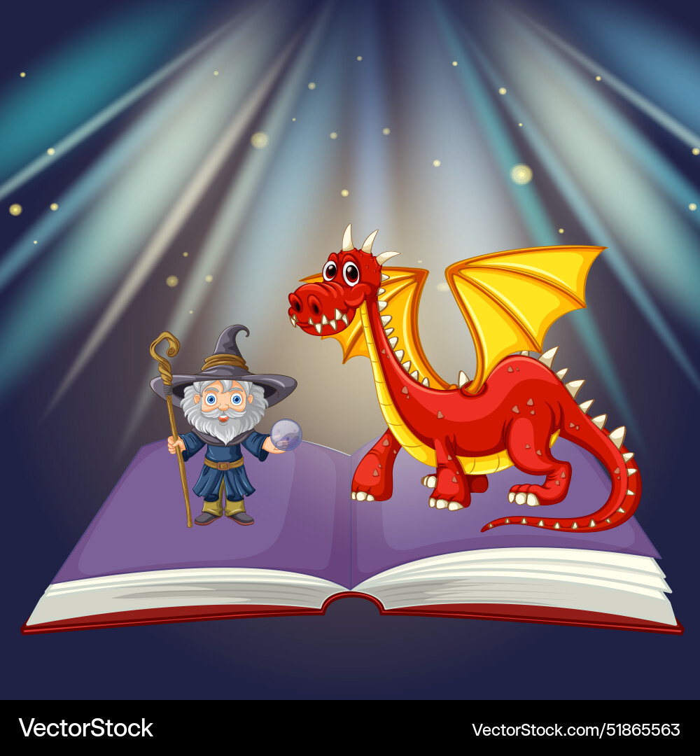 Wizard and dragon emerging from an open book Vector Image