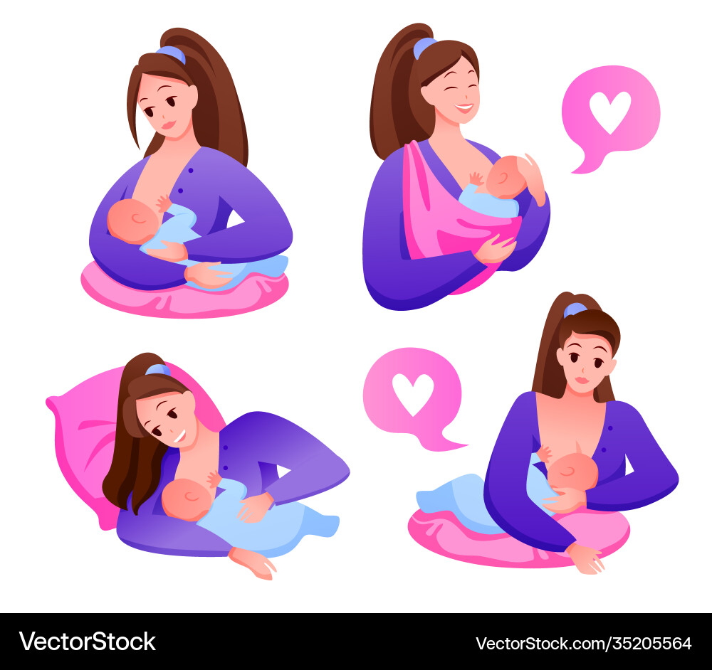 Breastfeeding position set cartoon mother feeding Vector Image