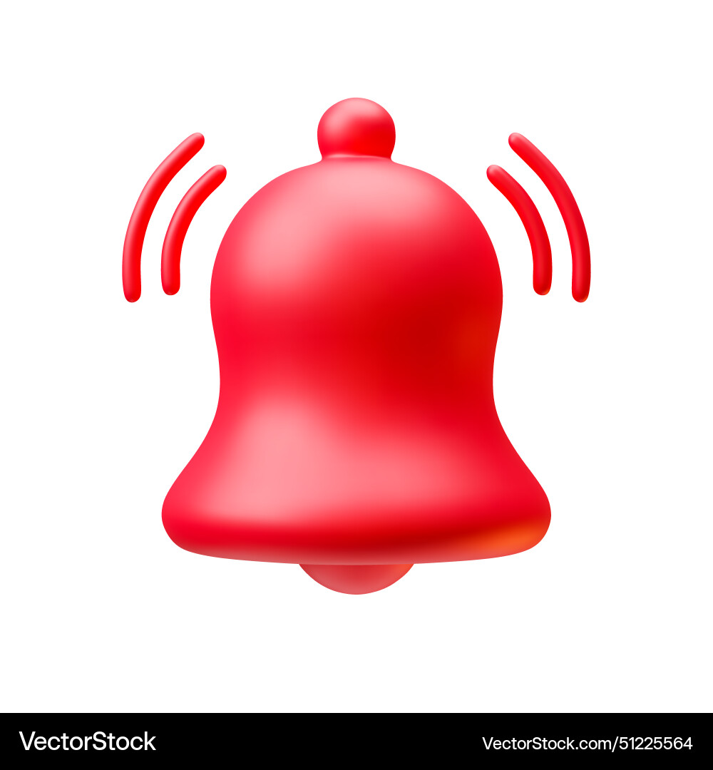 Red plastic ringing hand bell icon 3d realistic on