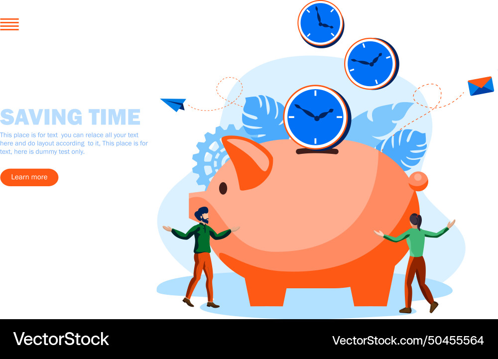 Team saving time with piggy bank and clocks Vector Image