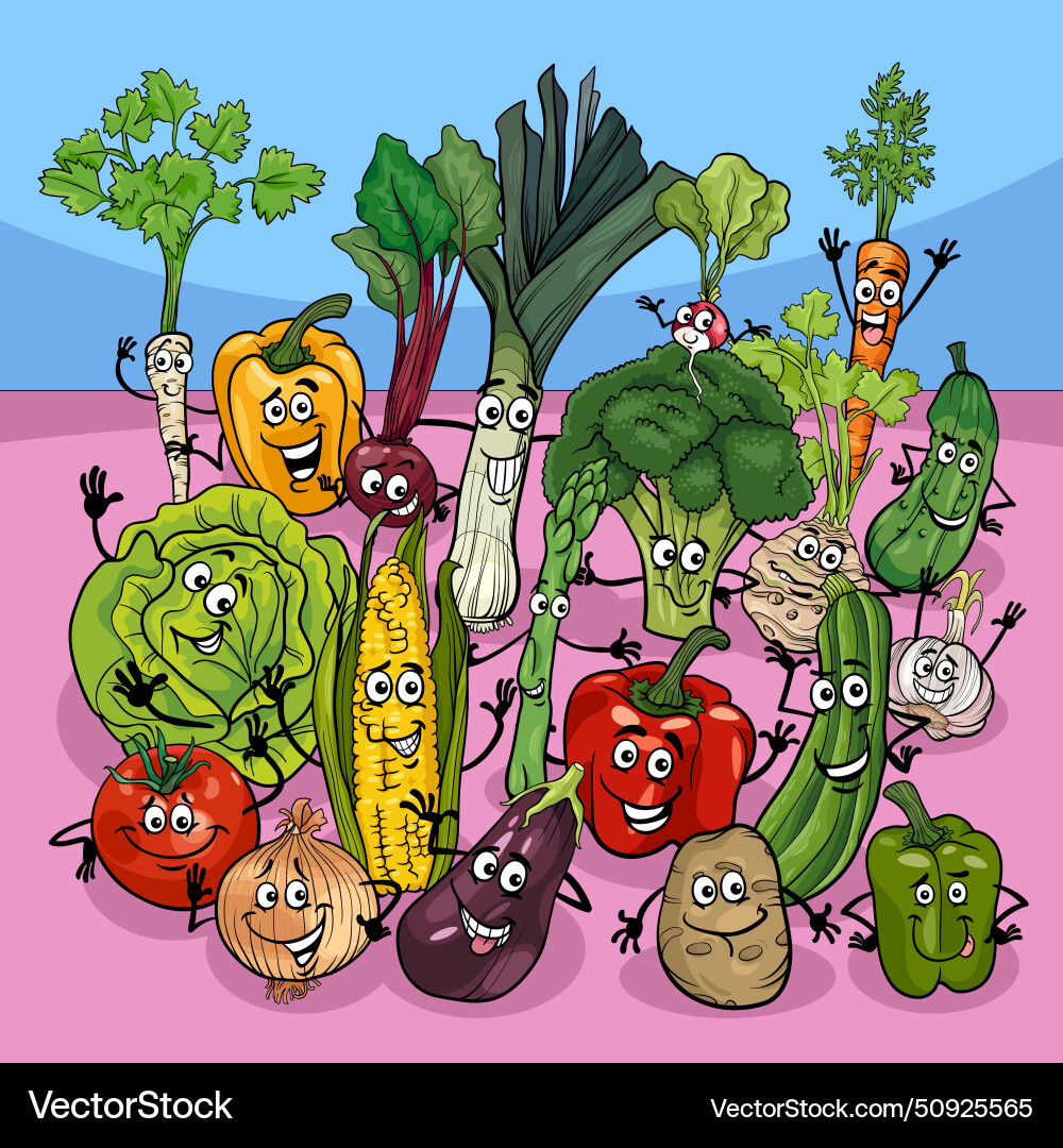 Happy cartoon fresh vegetables characters group Vector Image