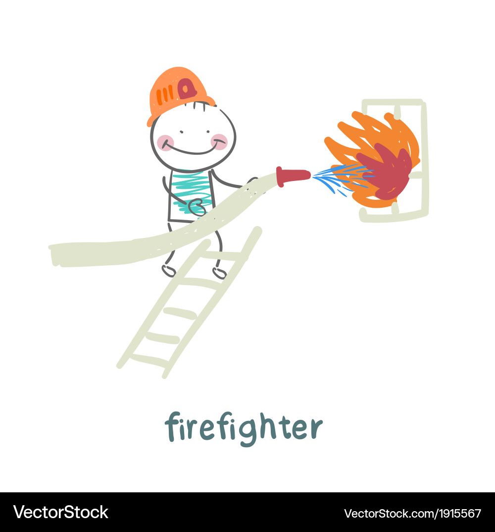 Firefighter puts out a fire in the window standing