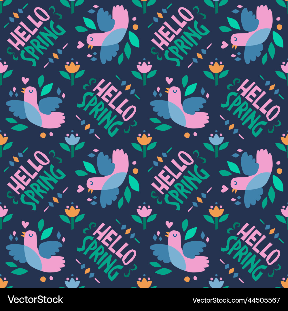 Spring seamless pattern with birds and hand drawn Vector Image